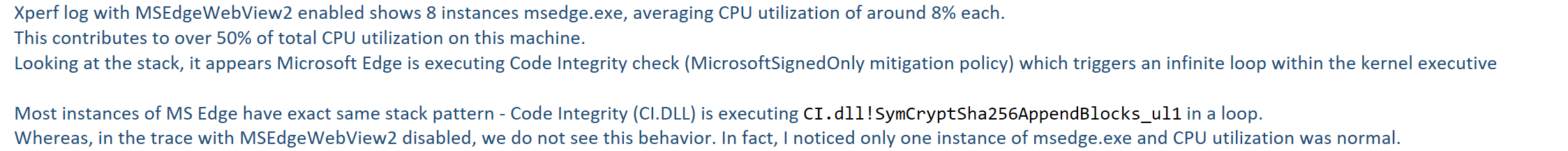 MS EdgeWebView2 process is spiking CPU and looping at Code Integrity check (MicrosoftSignedOnly ...