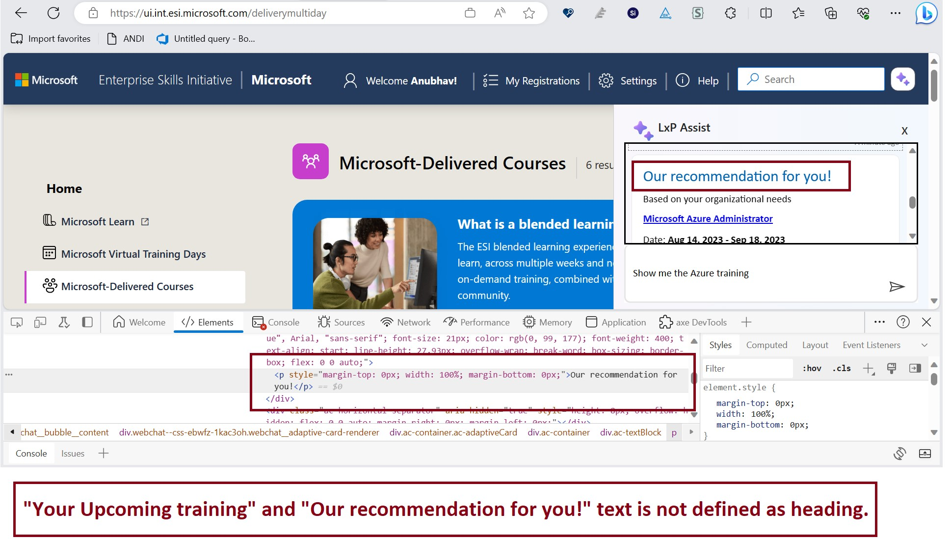 [Screen Readers - LxP Assist]: Visually appearing heading multiple text is not defined as ...