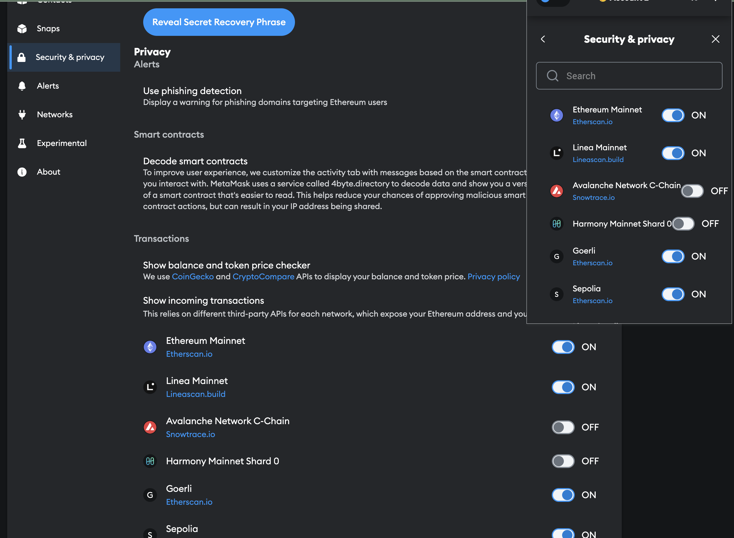 Bug Network Toggles Unaligned In Security And Privacy Settings · Issue 21430 · Metamask 