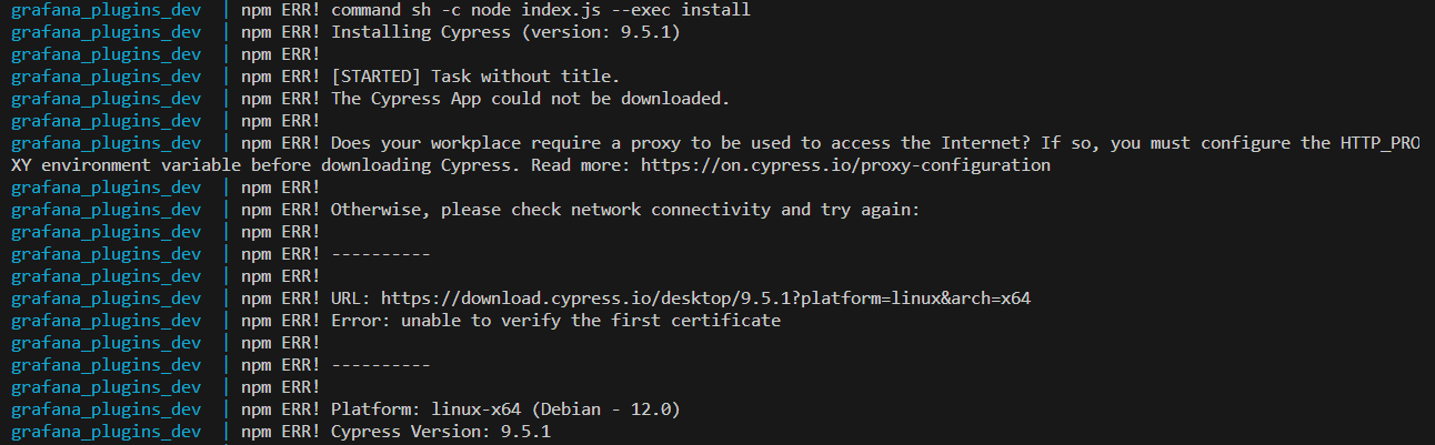 @grafana/e2e: unable to verify the first certificate · Issue #72534 · grafana/grafana · GitHub