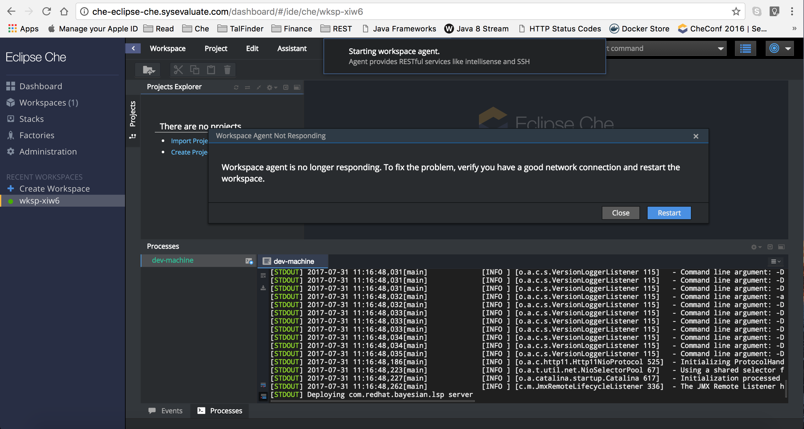 Minishift - Workspace Creation fails with error "Unable to initialize ...