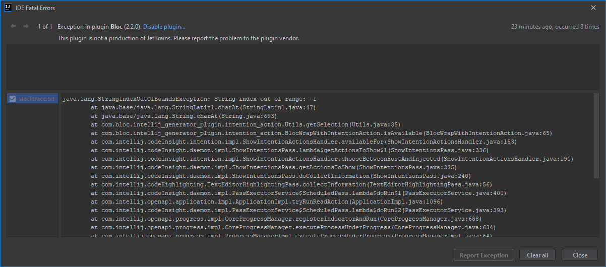 [IntelliJ extension] IDE crashes because of Bloc plugin · Issue #2394 · felangel/bloc · GitHub