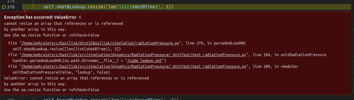 Unable to use debugger on scenario which calls parseAndLoadXML() from radiationPressure.py ...