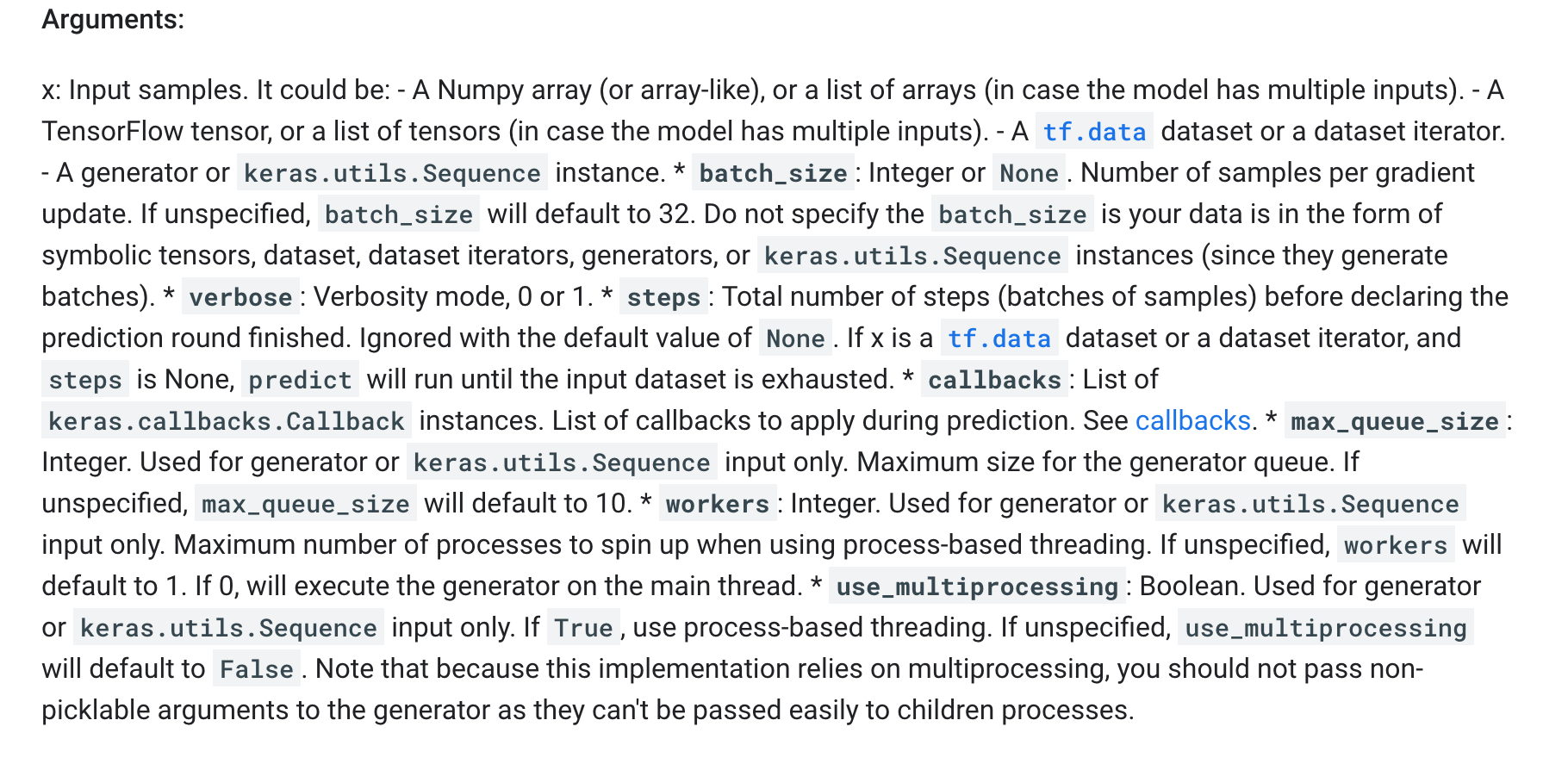 Doc keras/Model for "predict" function the list of argument is not display properly (fullblock ...
