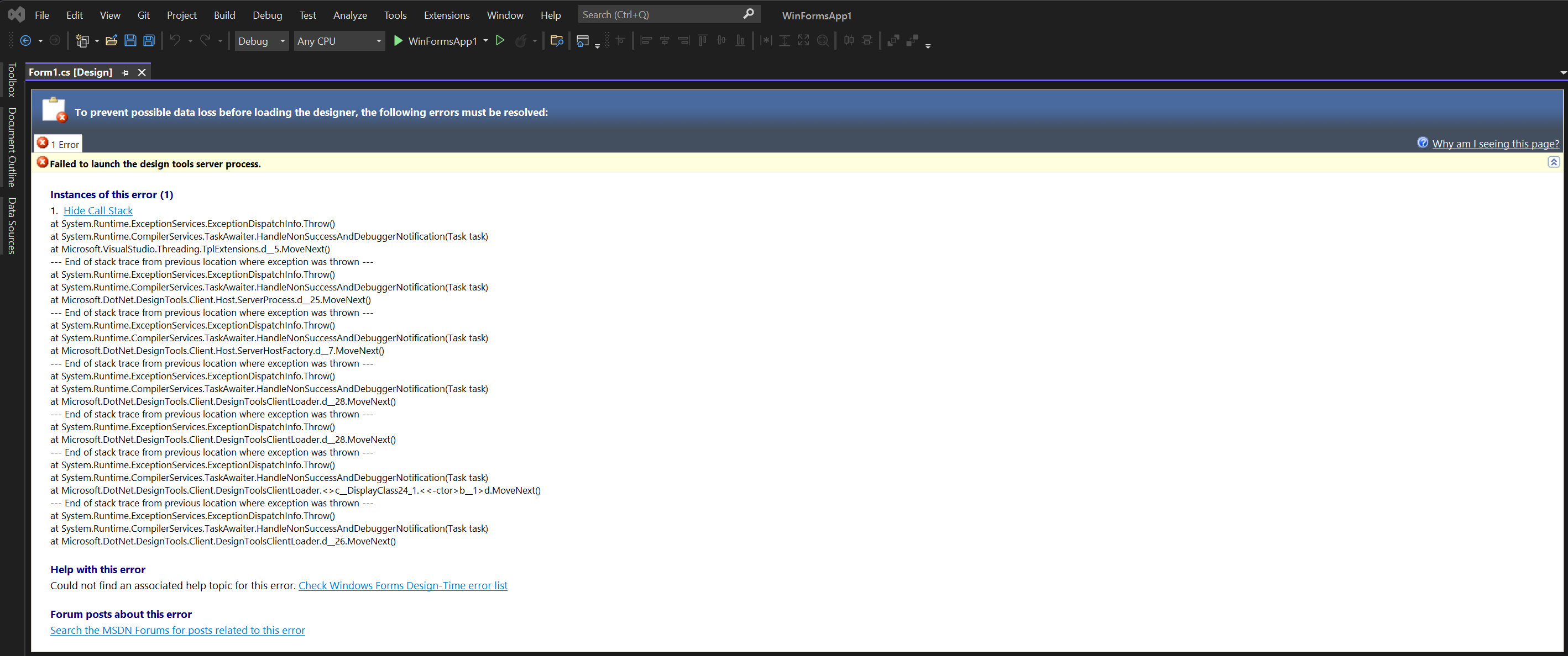 [BUG] WinForms- Visual Studio designer crashes for projects targeting multiple frameworks ...