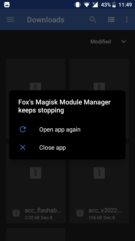 [BUG] App closes when trying to load magisk modules in AMOLED dark theme · Issue #235 · Fox2Code ...