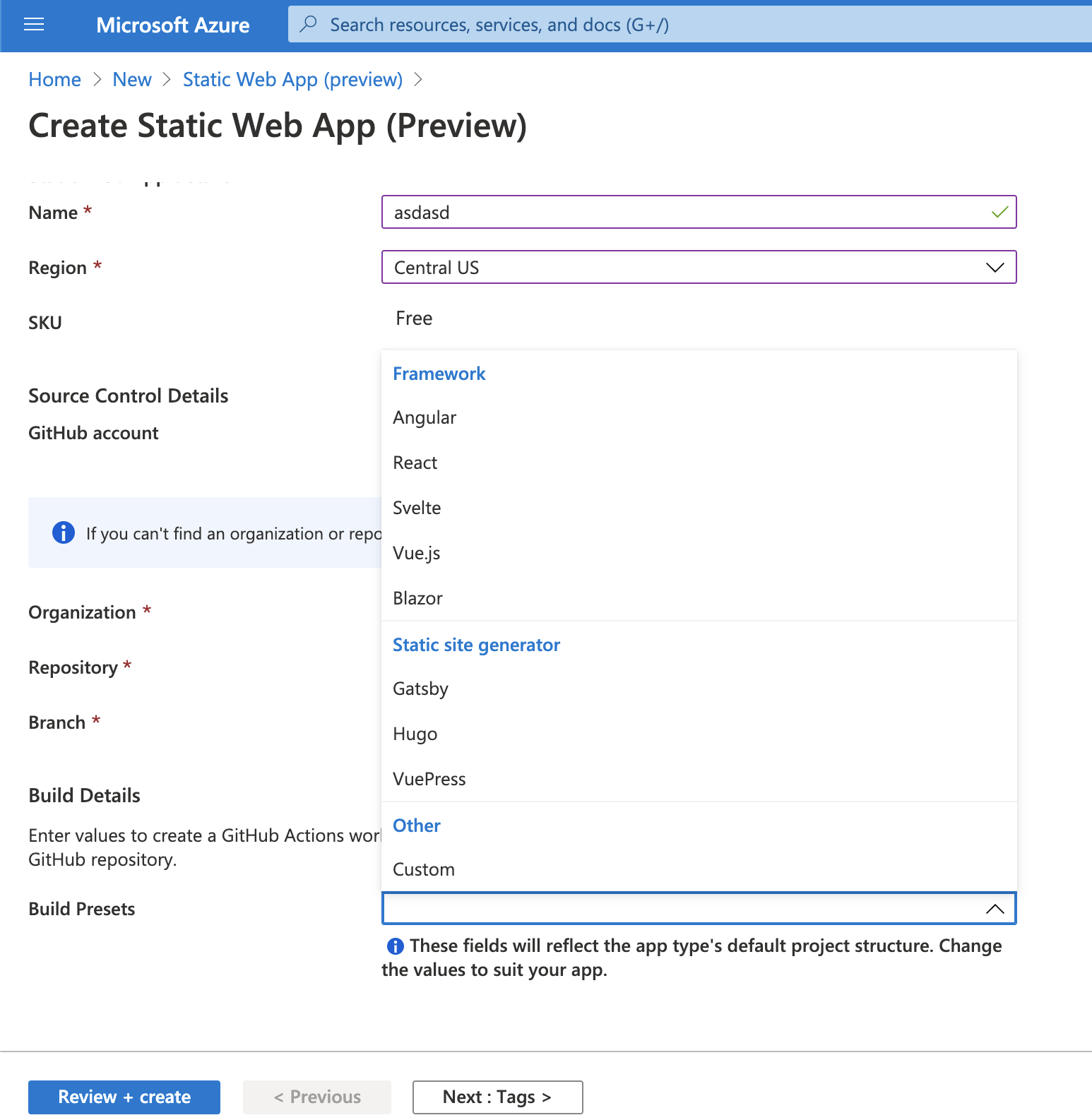 Add the pick list for the build presets · Issue #211 · microsoft/vscode-azurestaticwebapps · GitHub