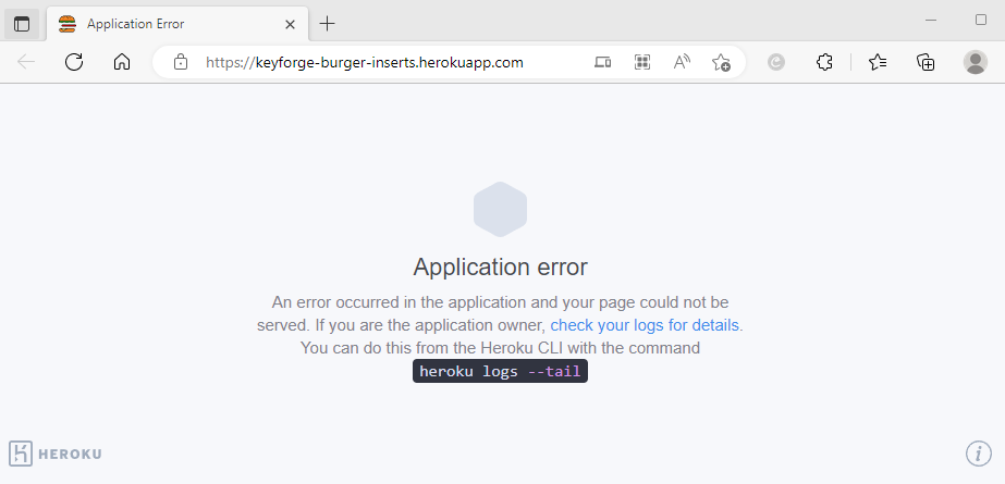 Keyforge Burger Inserts app receiving Application error when attempting to open the site https ...