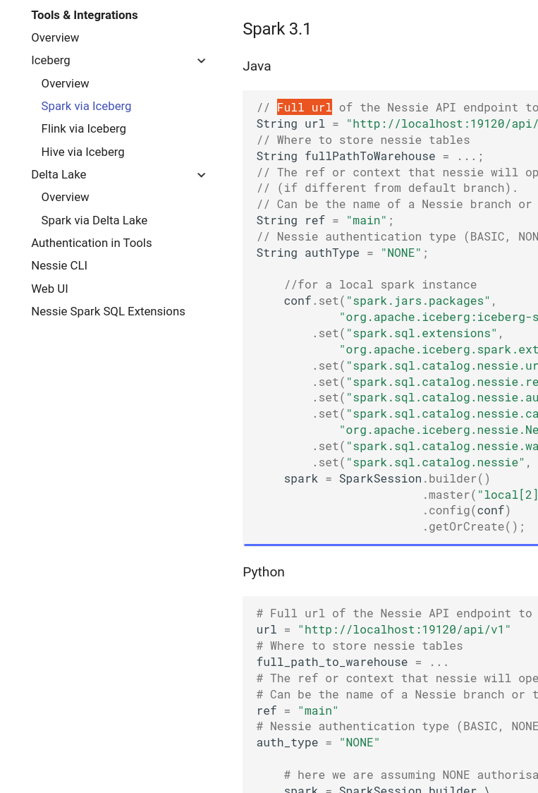 Incorrect rendering of code examples on projectnessie.org · Issue #3464 · projectnessie/nessie ...