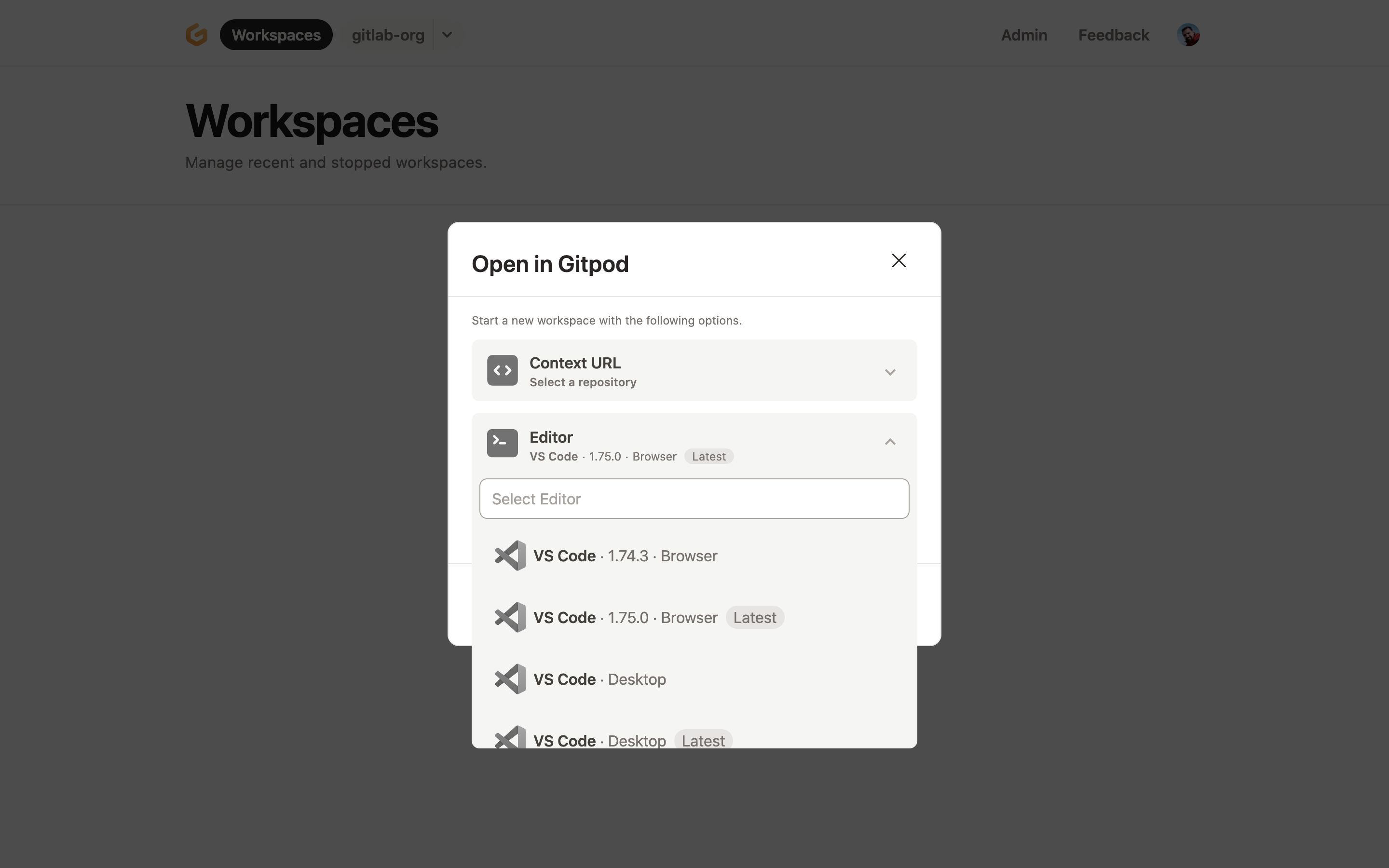 Preselect Editor And Class On The New Workspace Modal On First Load · Issue 15912 · Gitpod Io 
