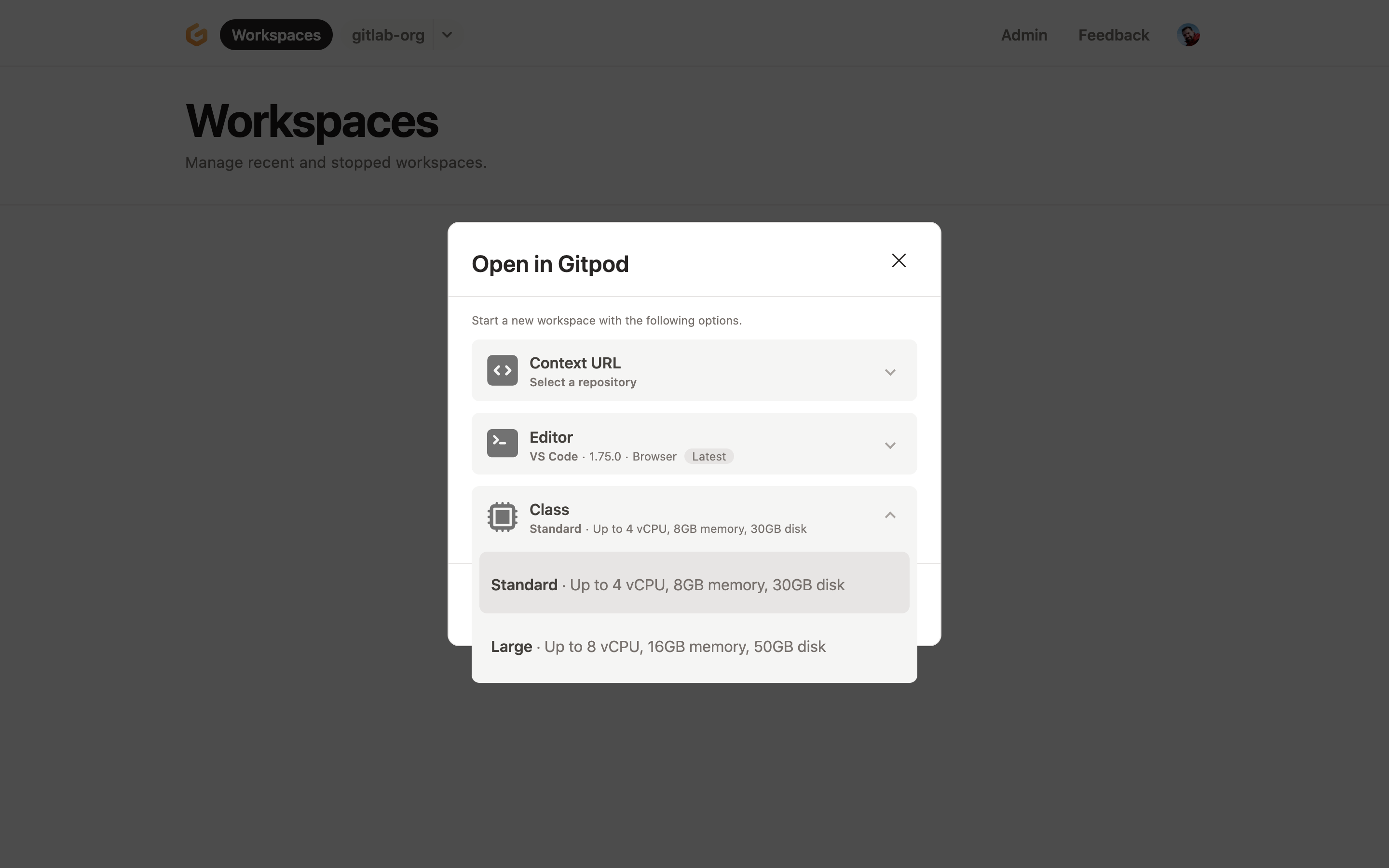 Preselect editor and class on the new workspace modal on first load · Issue #15912 · gitpod-io ...
