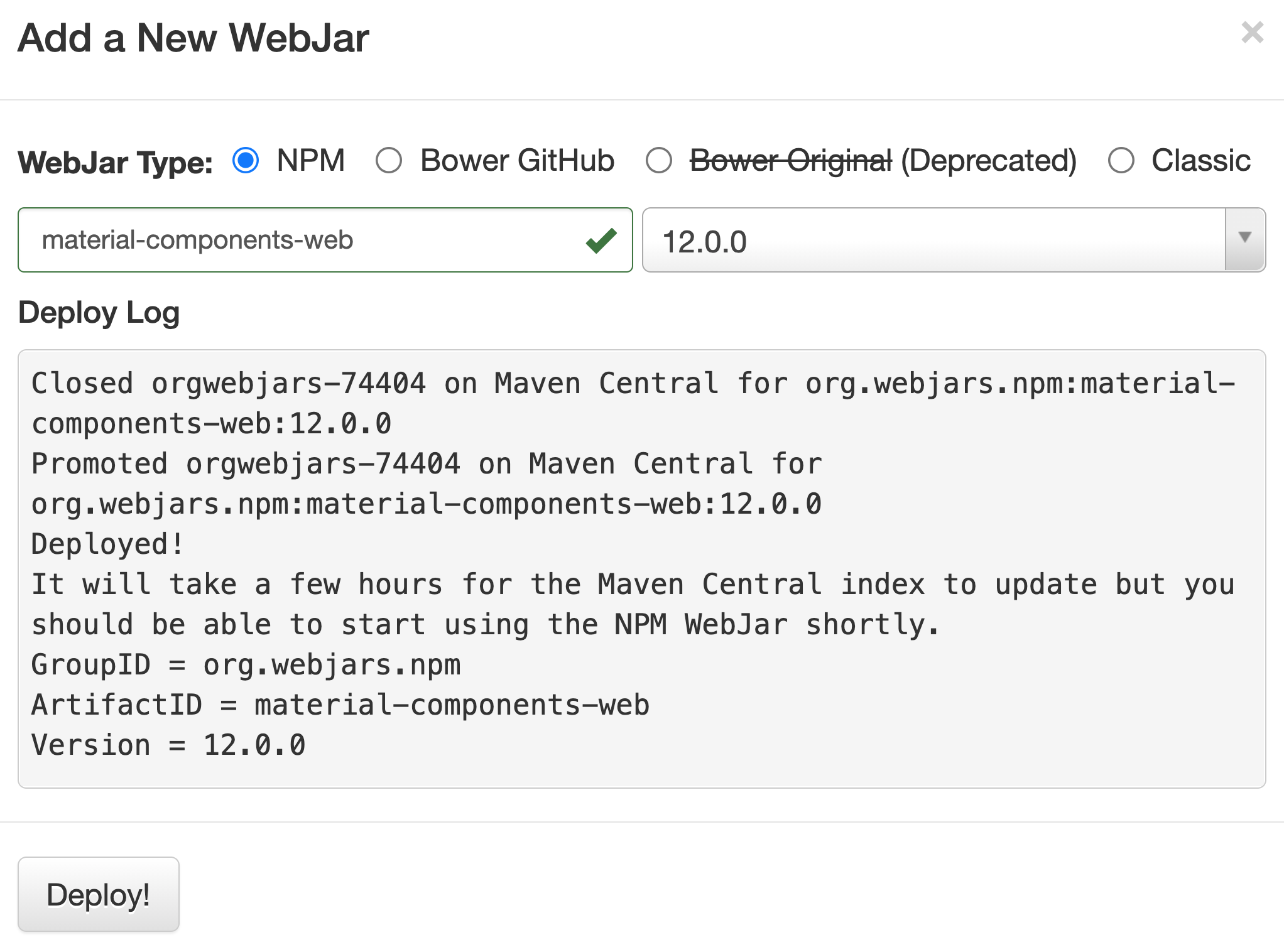 Unable to deploy material-components-web v11 · Issue #1924 · webjars/webjars · GitHub