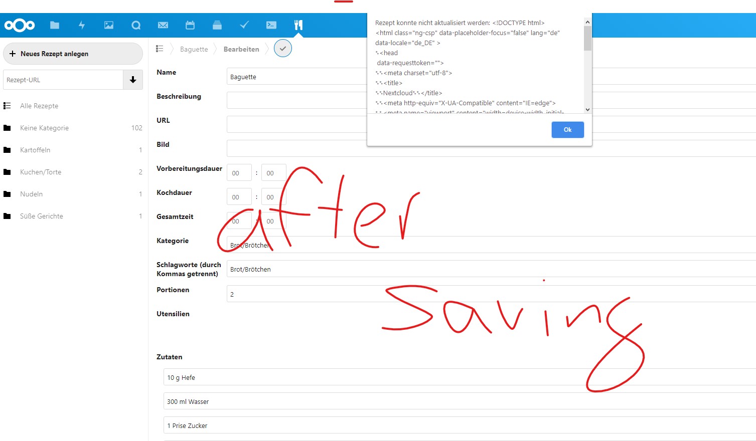 [Bug] Error at saving recipes (after update) · Issue #184 · nextcloud/cookbook · GitHub