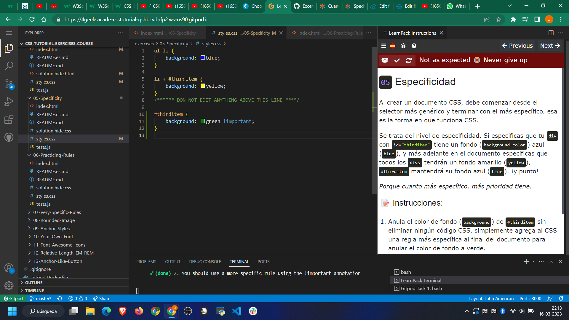 Excercise Bug 05 Specificity · Issue 1342 · Learnpack Learnpack · Github