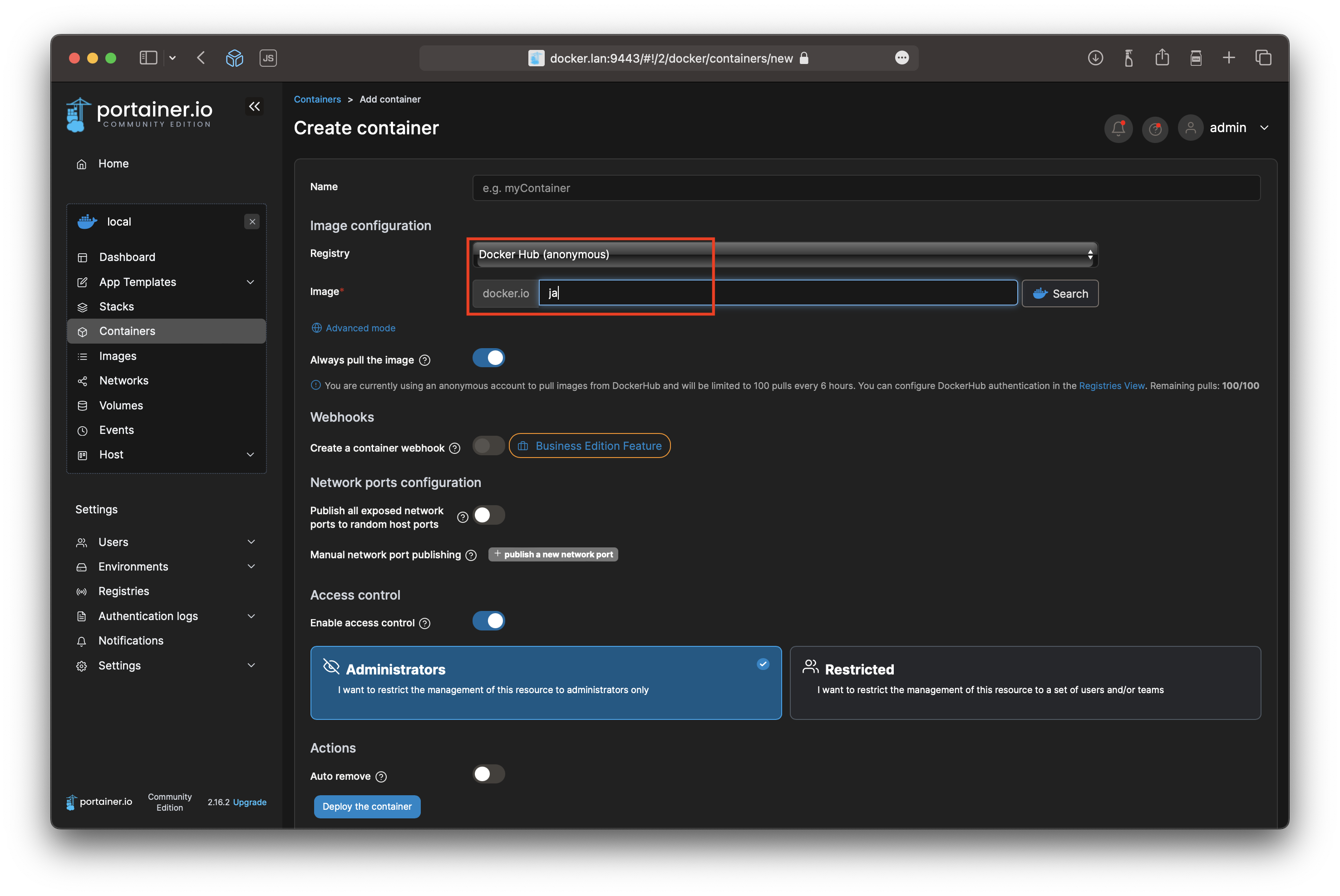 container tab / create new container => docker.io search box does not show/suggest local stored ...