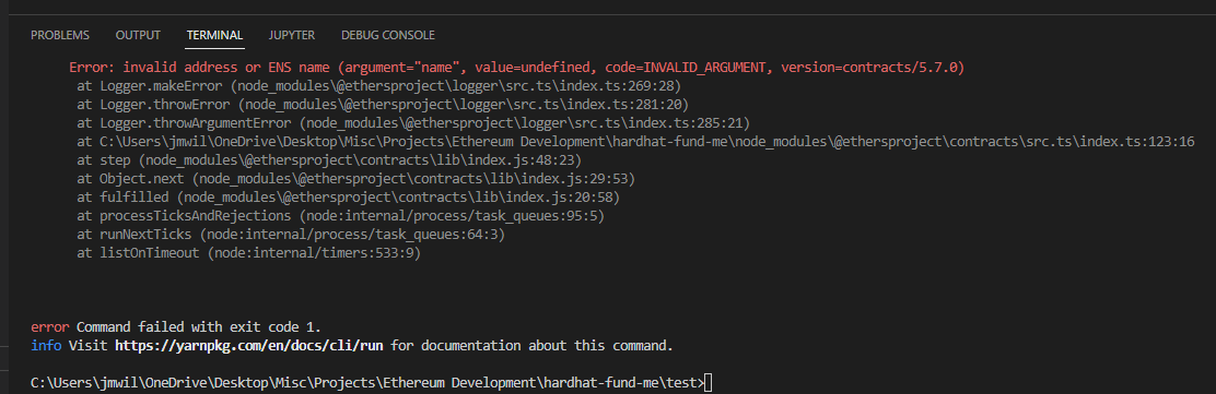Lesson 7: Getting invalid address or ENS name when using the FundMe ...