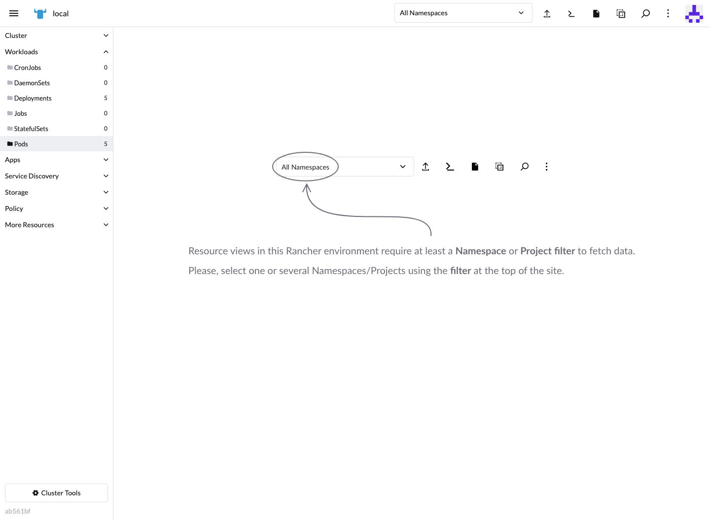 Improve Required Namespace/Project Filtering Message · Issue #8917 · rancher/dashboard · GitHub