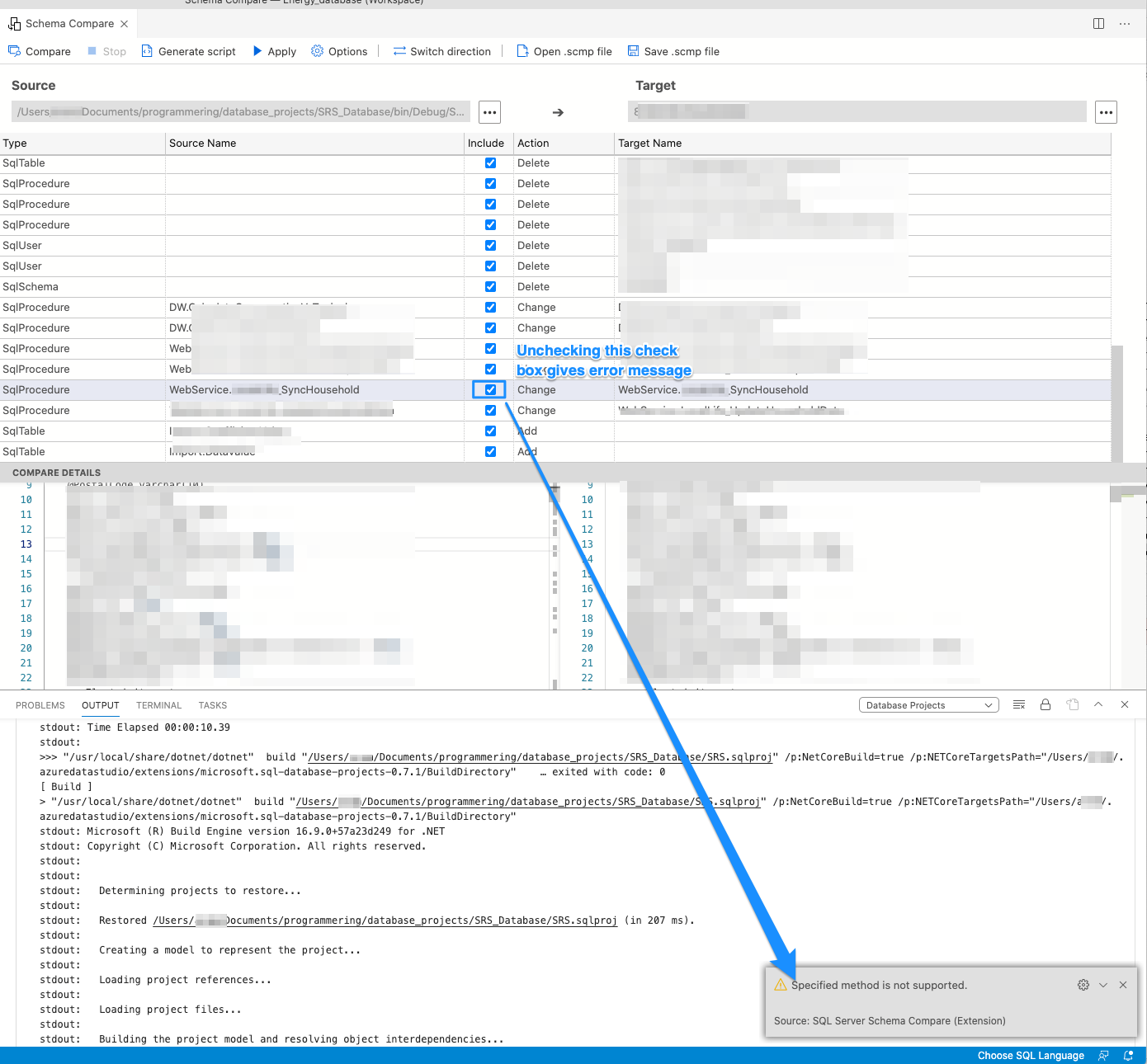 Cannot deselect specific stored procedure from list of changes. Error: "Specified method is not ...