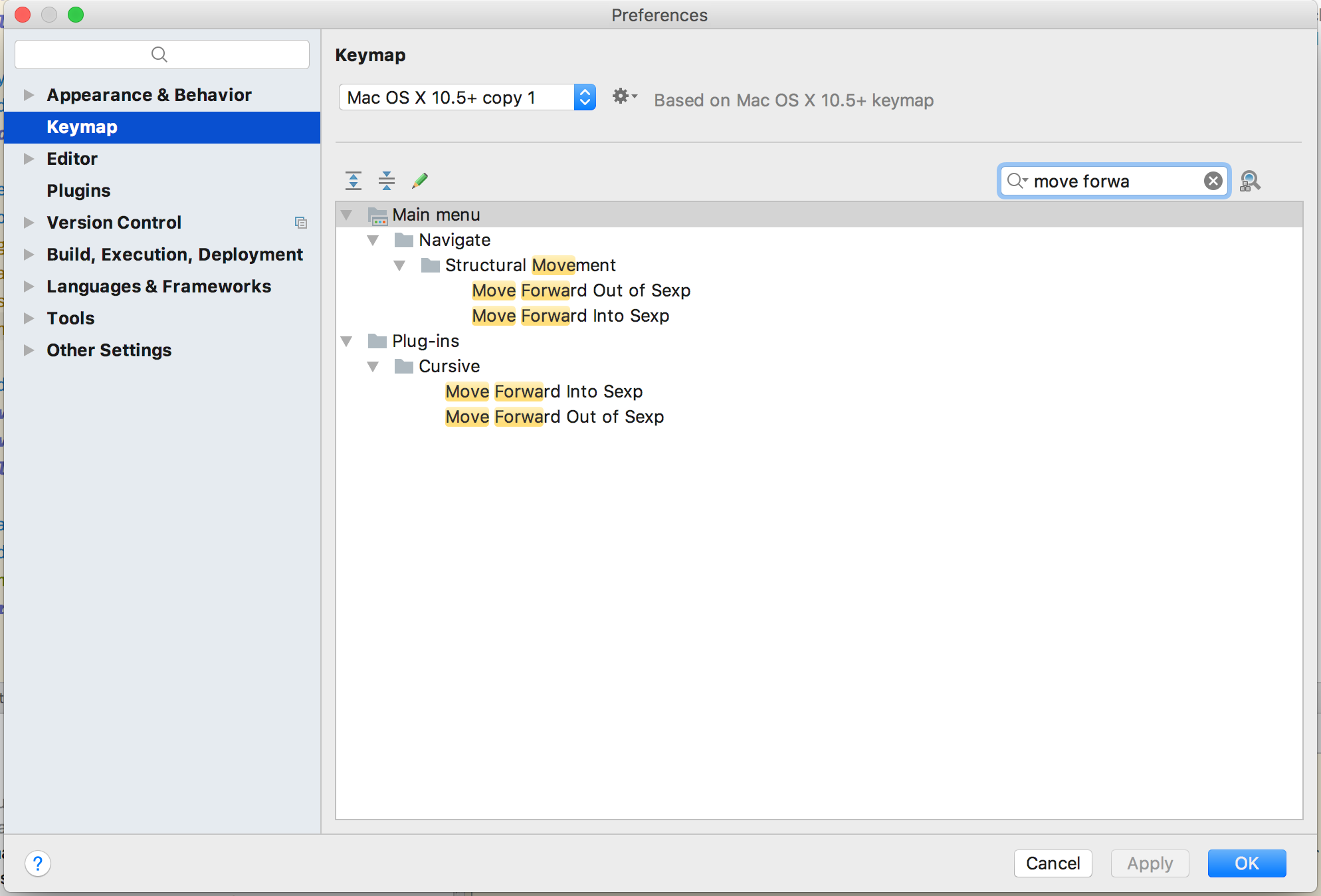 "Move forward" action is not listed in keymap · Issue #1880 · cursive-ide/cursive · GitHub