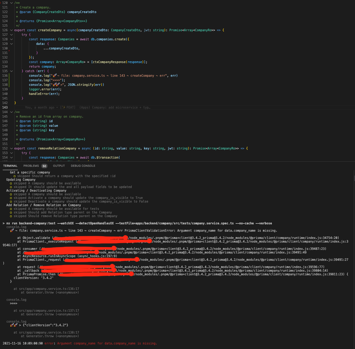 PrismaClientValidationError thrown, but without an error Code, only ...