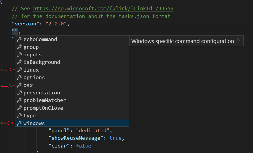 OS specific properties in Tasks.json to overwrite build shell doen't ...