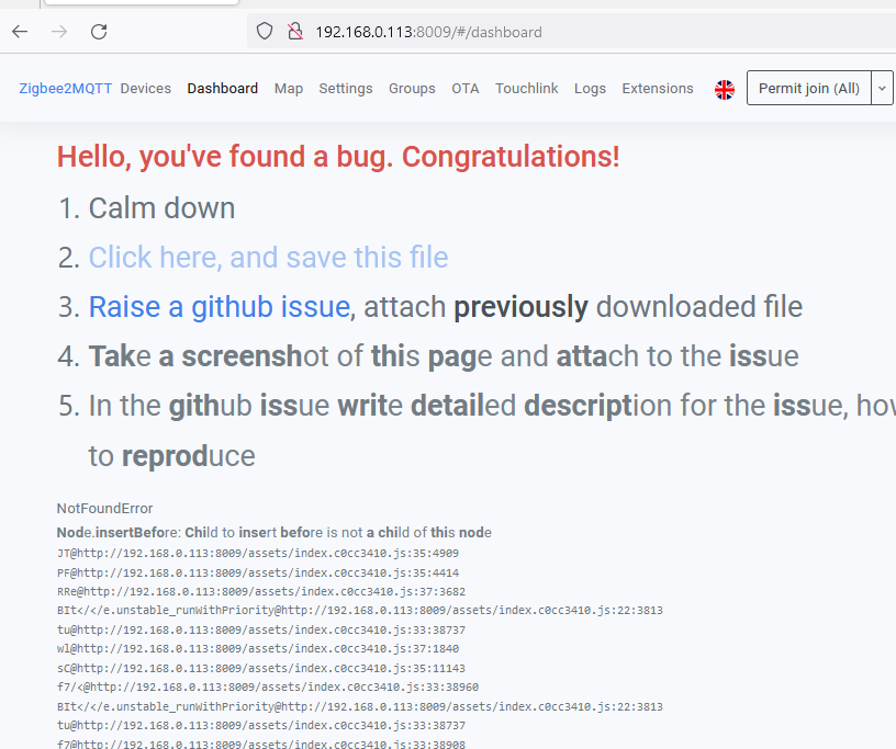 Dashboard won't load · Issue #1762 · nurikk/zigbee2mqtt-frontend · GitHub