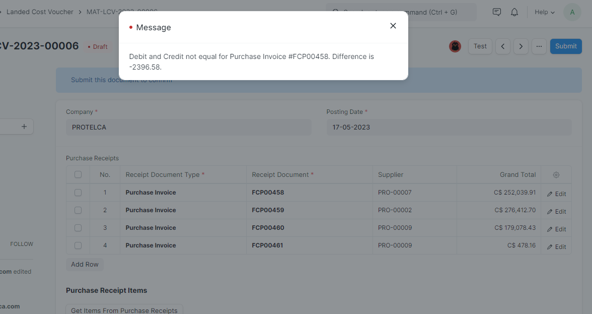Debit and Credit not equal for Purchase Invoice in Landed Cost Voucher (LCV) Distribute Manually ...