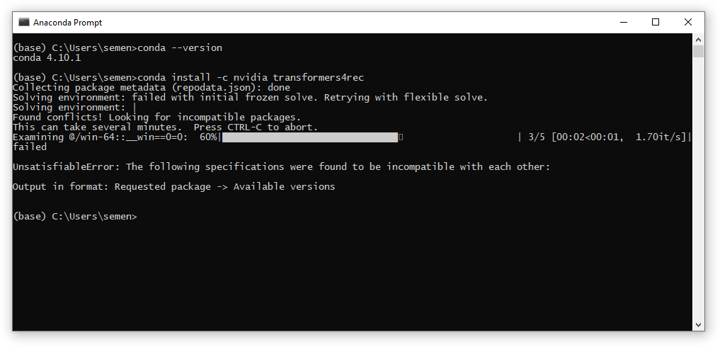 [BUG] Installing with conda on Windows 10 results in error · Issue #365 · NVIDIA-Merlin ...