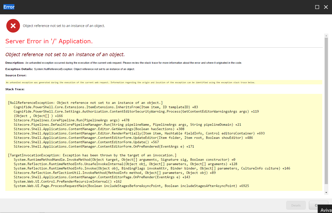 SPE should not throw error when clicking on an item in Content editor that does not have a ...