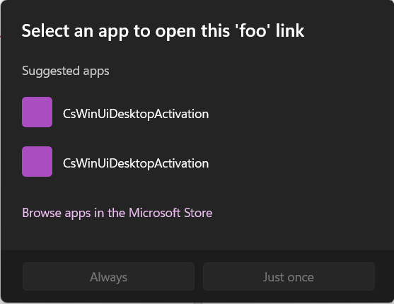 WinUi3: protocol activation will result in app being listed twice within application picker ...