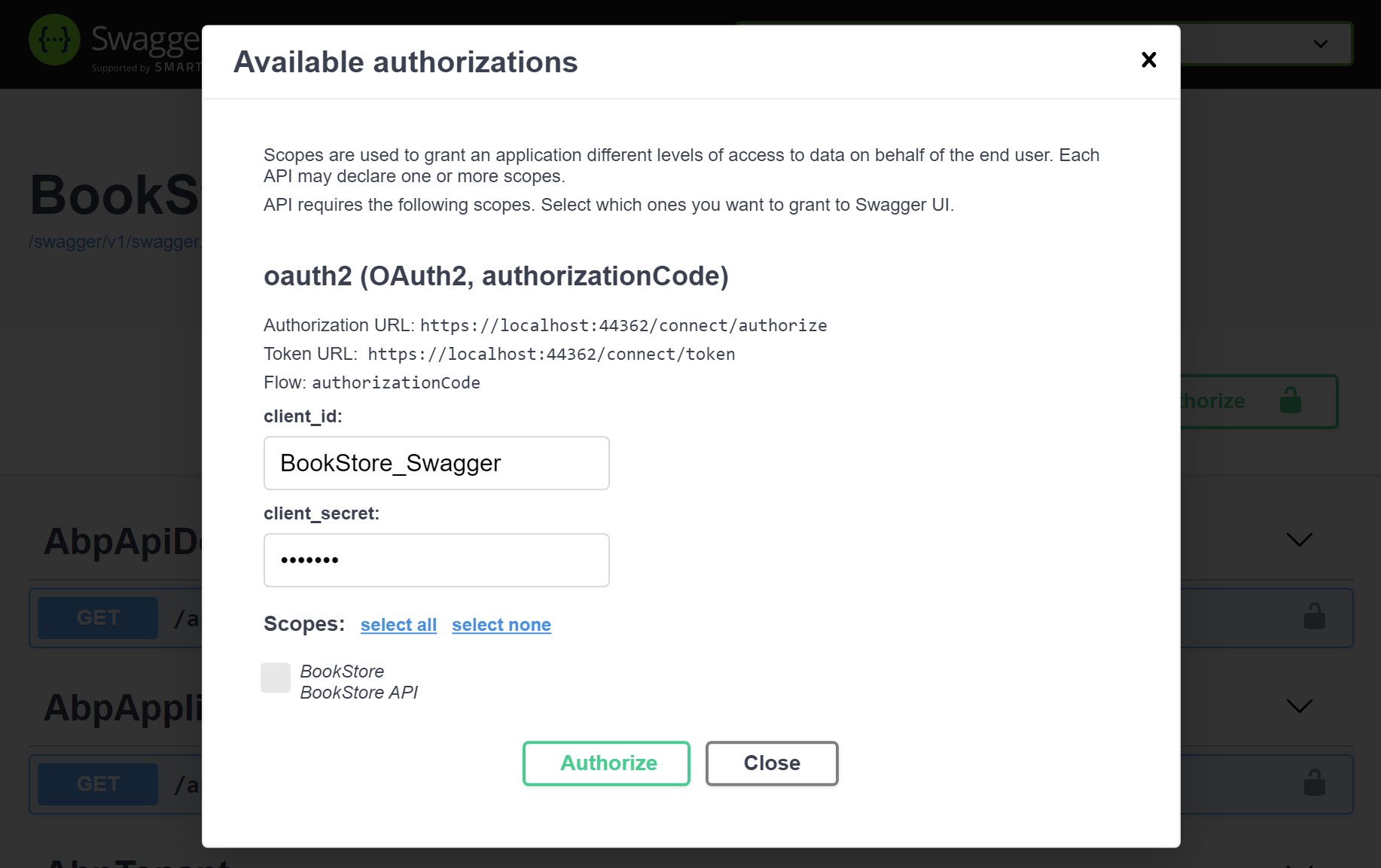 Auto select all scopes by default on swagger authorization · Issue #7734 · abpframework/abp · GitHub