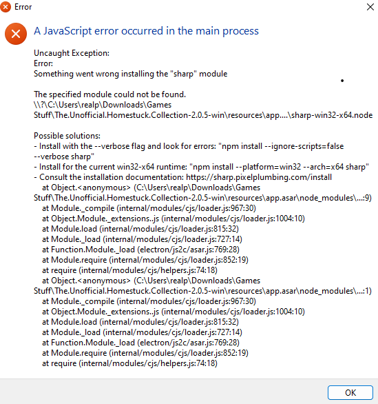"Something went wrong with the 'sharp' module" error when starting the program · Issue #452 ...
