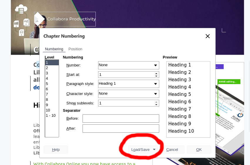 Useless button "Load/Save" in "Chapter Numbering" dialog · Issue #6291 · CollaboraOnline/online ...