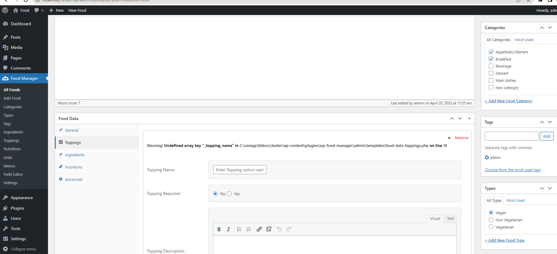 Frontend : Edit food displaying warning message · Issue #438 · wpfoodmanager/wp-food-manager ...