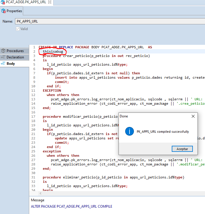 [Bug / missing functionality] Compile log window is empty after compile Oracle DB package ...