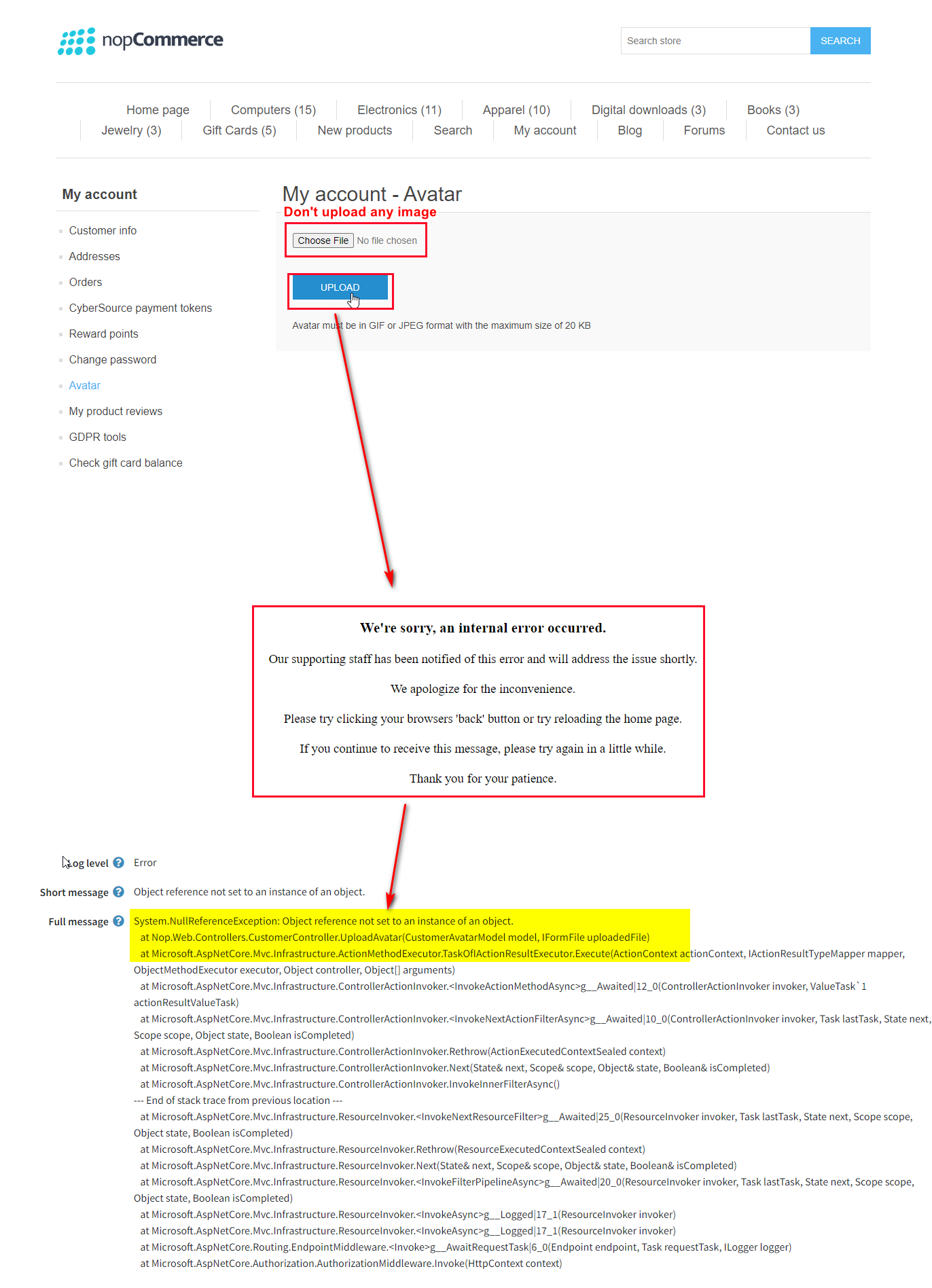 Nullreferenceexception Error Is Showing When Direct Click On Upload