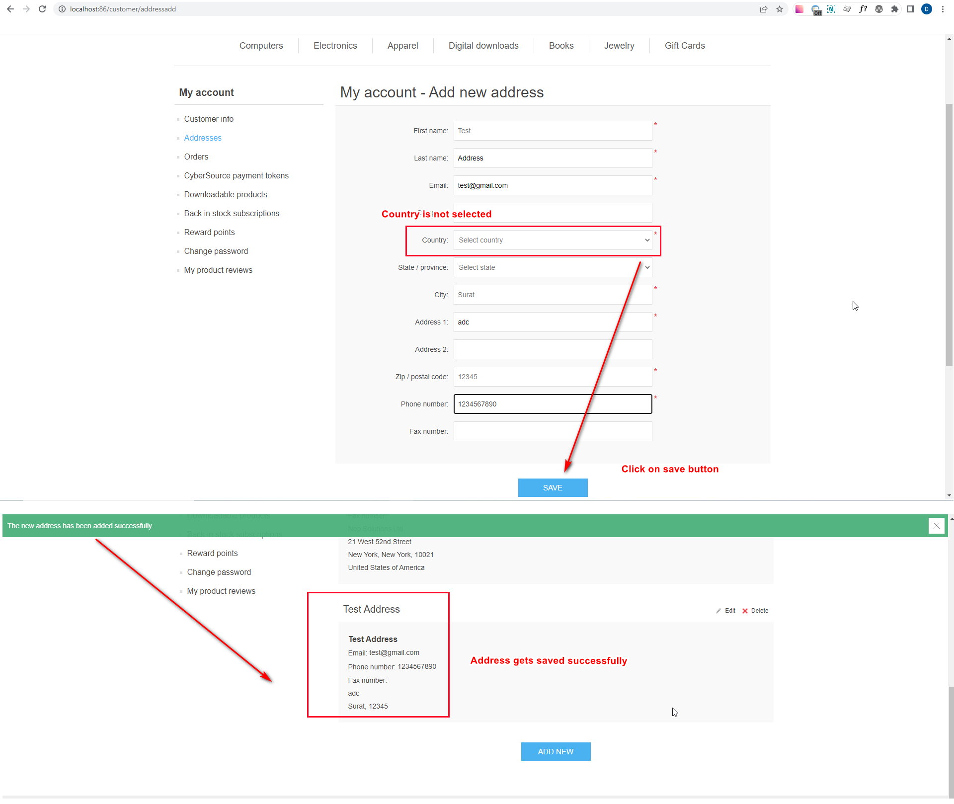 In My Account-Addresses section, address gets saved when 'country'(required field) is kept empty ...