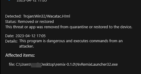 Windows Defender detects nvremixlauncher as trojan · Issue #141 · NVIDIAGameWorks/rtx-remix · GitHub