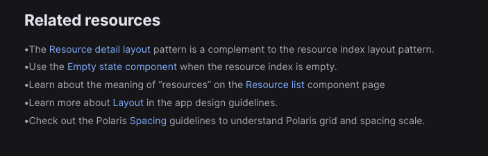 Fix bullet spacing in pattern `Related resources` list · Issue #8883 · Shopify/polaris · GitHub