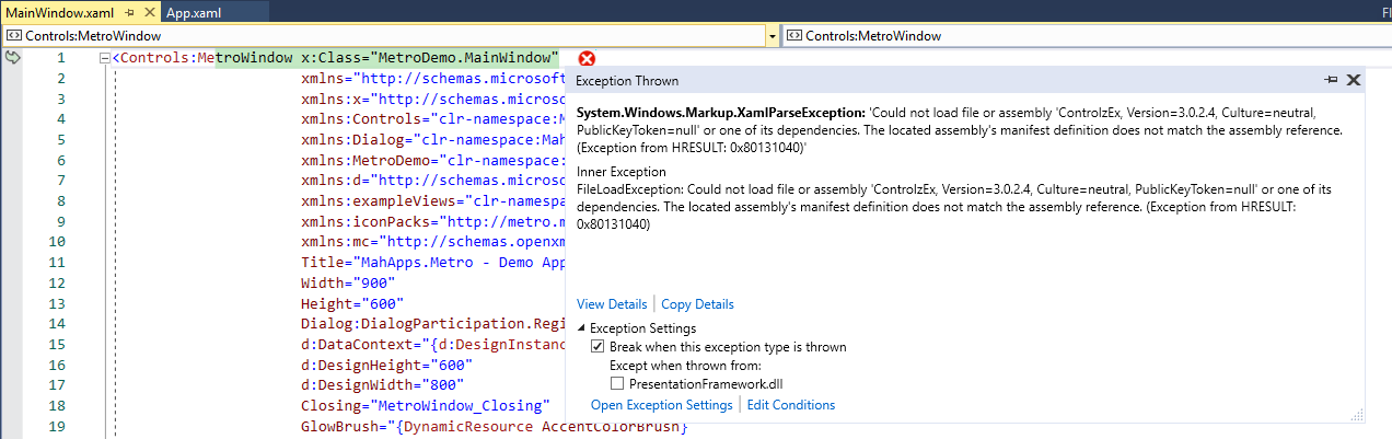 Build fail when running the demo application "MahApps.Metro.Demo ...