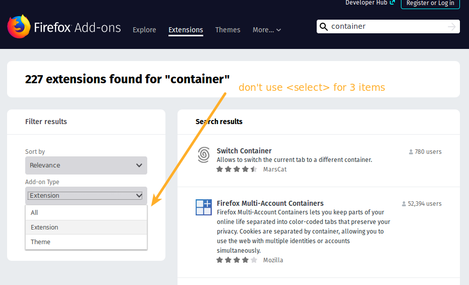 Don't use on AMO when there is 4-5 items to pick from · Issue #11221 · mozilla/addons · GitHub