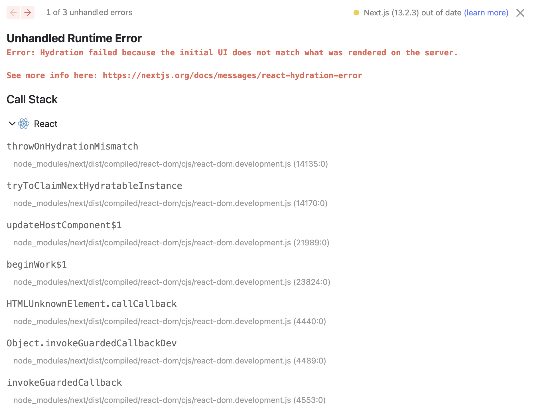Unhandled Runtime Error: Error: Hydration failed because the initial UI does not match what was ...