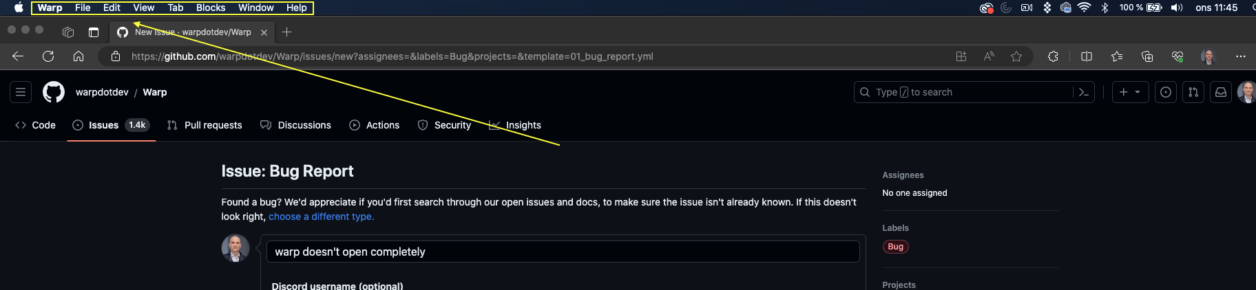 warp opens the application but only the menu · Issue #3507 · warpdotdev/Warp · GitHub