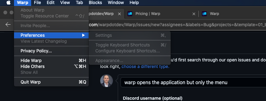 warp opens the application but only the menu · Issue #3507 · warpdotdev/Warp · GitHub