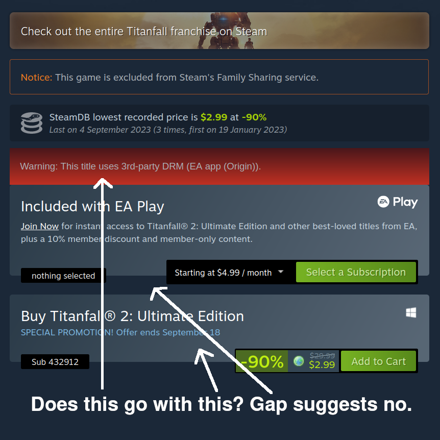[BUG] Origin DRM/launcher warning should not be visually connected to the EA Play subscription ...
