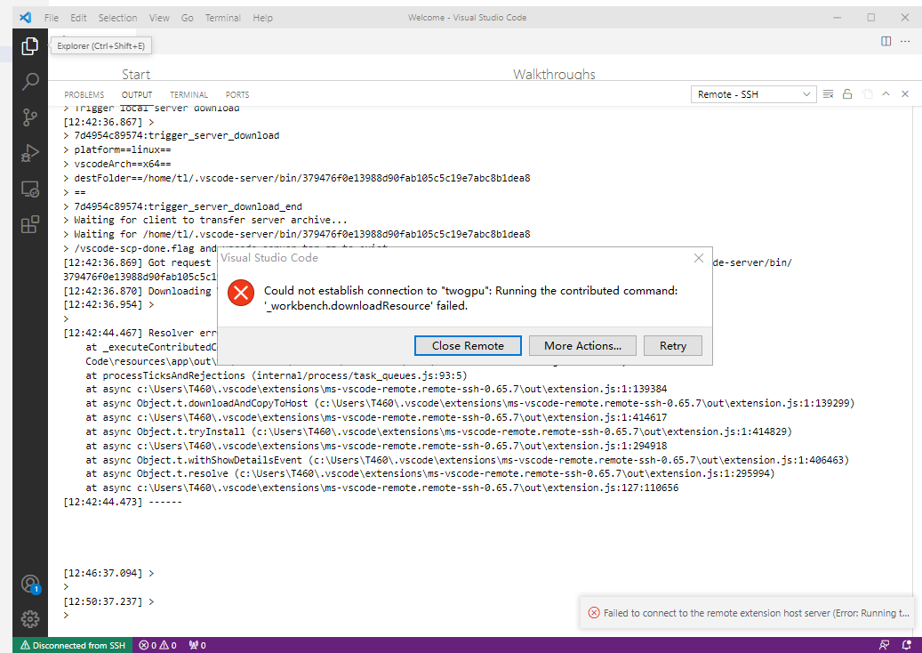 remote ssh failed _workbench.downloadResource failed · Issue #130742 · microsoft/vscode · GitHub