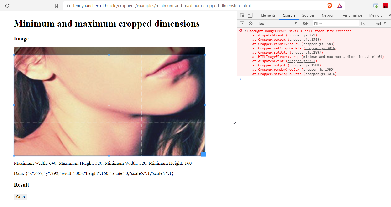 Min Max dimensions trigger call stack overflow - Uncaught RangeError: Maximum call stack size ...