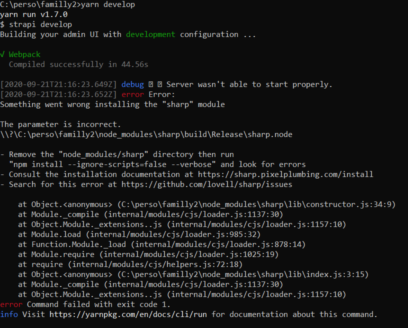 Server won't start (windows and sharp) · Issue #7979 · strapi/strapi · GitHub