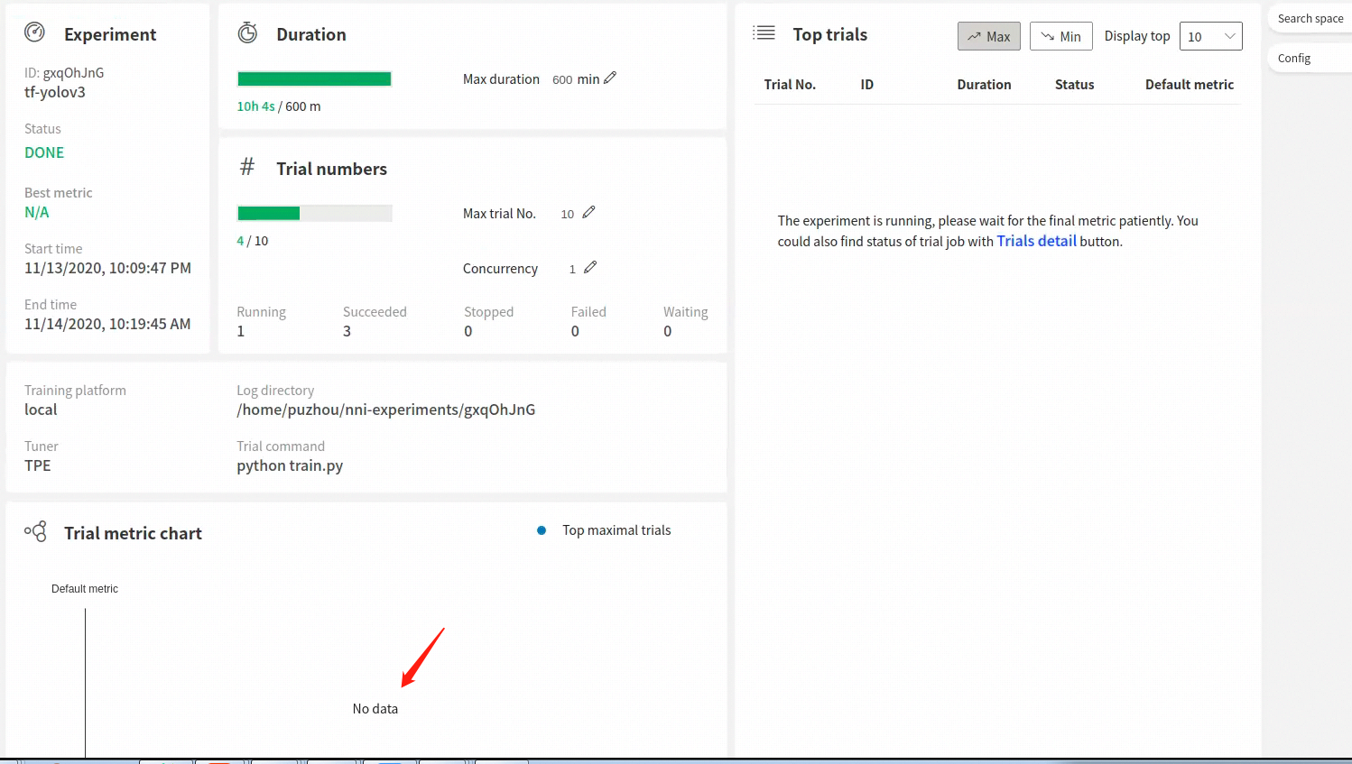 gpu_metrics file does not exist! always waiting · Issue #3077 · microsoft/nni · GitHub