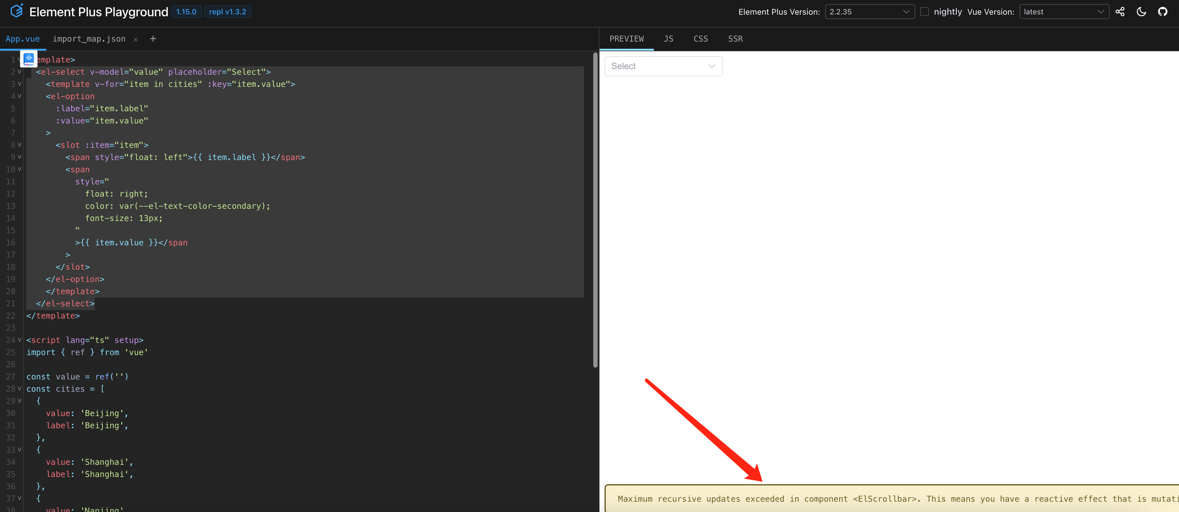 [Component] [select] 2.2.35最新版的ElSelect中使用slot会造成内存溢出死循环 · Issue #11890 · element-plus/element ...